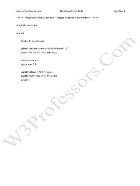 Program To Find Sum And Average Of Three Real Numbers Pdf