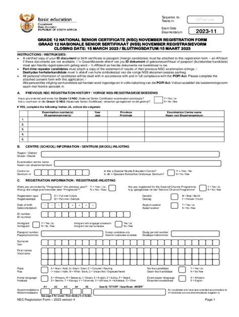 Fillable Online GRADE NATIONAL SENIOR CERTIFICATE NSC NOVEMBER REGISTRATION FORM Fax Email