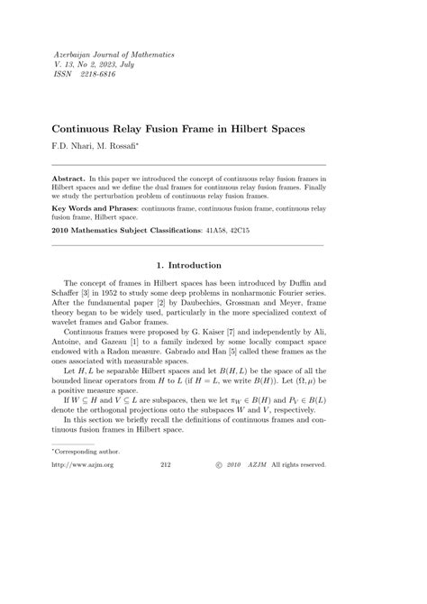 Pdf Continuous Relay Fusion Frame In Hilbert Spaces