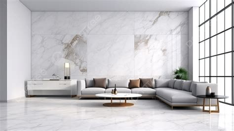 세련된 소파 세트가 있는 현대적인 미니멀리즘 거실 및 식사 공간 우아한 흰색 대리석 벽 장식 및 세련된 회색 바닥 타일 3d 렌더 고급스러운 인테리어 고급 가구 럭셔리