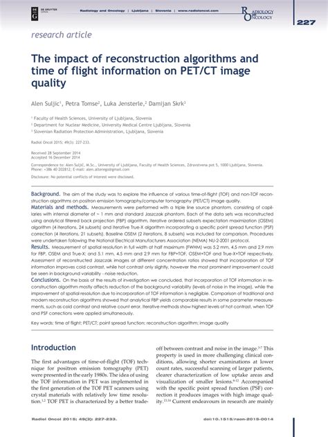 Pdf The Impact Of Reconstruction Algorithms And Time Of Flight
