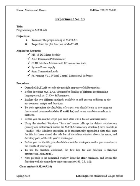 Experiment No 13 Pdf Matlab Computer Programming