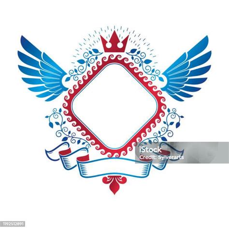 로얄 크라운 요소 오각형 별 고급 리본으로 구성된 그래픽 윙 엠블럼 팔 장식 로고 격리 벡터 일러스트의 헤럴드 코트 고대의에