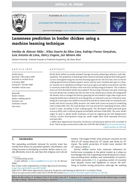 Pdf Lameness Prediction In Broiler Chicken Using A Machine Learning Technique