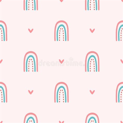 Cute Girly Seamless Pattern With Repeating Heart And Rainbow Drawn By Hand Stock Vector