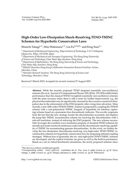 Global Science Press High Order Low Dissipation Shock Resolving Teno