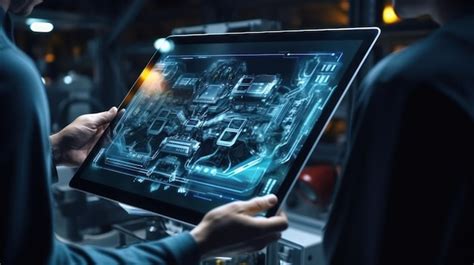 Premium Photo Male Engineer Holding A Computer Tablet Engine Design