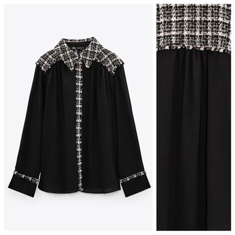 Zara Tops Nwt Zara Black Contrast Textured Collared Flowing Shirt