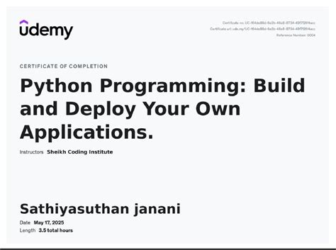 completed python programming course on udemy janani sathiyasuthan