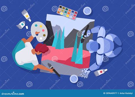 Art Collaboration Between Ai And Human To Create Content Robot And Artist Draw Picture Stock