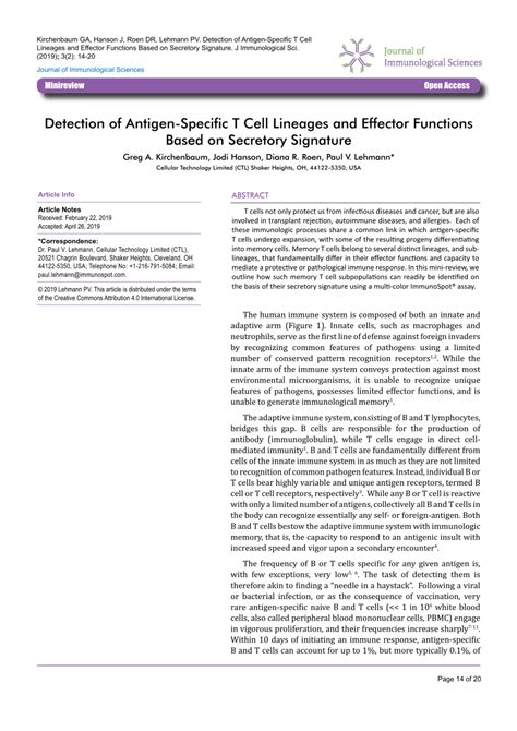 PDF Detection Of Antigen Specific T Cell Lineages And Effector Functions Based On Secretory