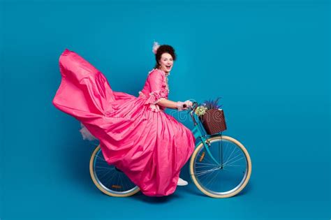Full Length Photo Of Adorable Lovely Marie Antoinette Wear Corset Dress Riding Bike Empty Space