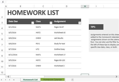 Homework Calendar Template For Excel