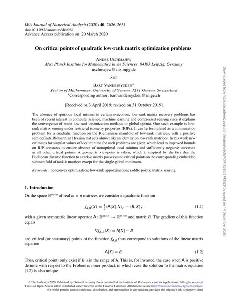 Pdf On Critical Points Of Quadratic Low Rank Matrix Optimization Problems