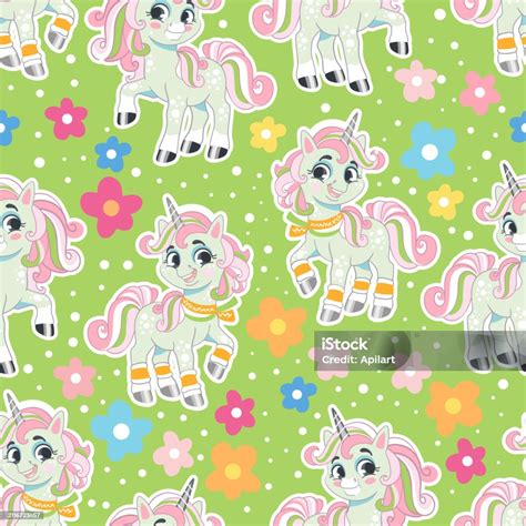녹색 배경에 꽃이 있는 아름 다운 여름 유니콘 완벽 한 패턴 0명에 대한 스톡 벡터 아트 및 기타 이미지 0명 귀여운 그래픽 프린트 Istock