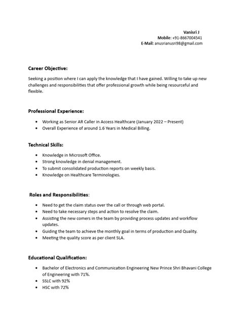 Vani Resume Word Pdf
