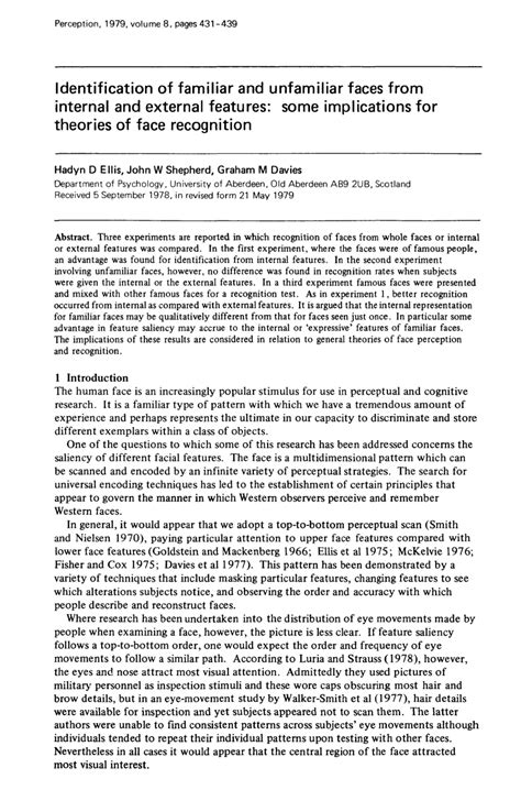 Pdf Identification Of Familiar And Unfamiliar Faces From Internal And External Features Some