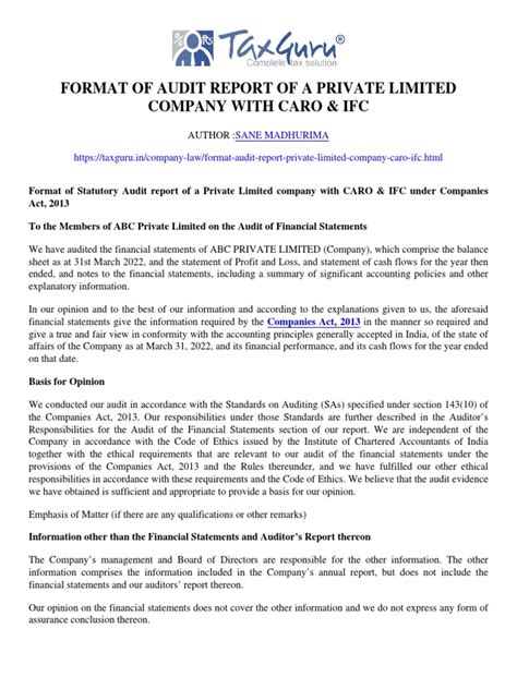 Format Of Audit Report Of A Private Limited Company With Caro And Ifc