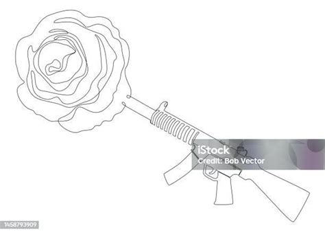 로즈가 있는 기관총의 연속 라인 하나 얇은 선 그림 벡터 개념입니다 윤곽 그리기 창의적인 아이디어 검은색에 대한 스톡 벡터 아트 및 기타 이미지 Istock