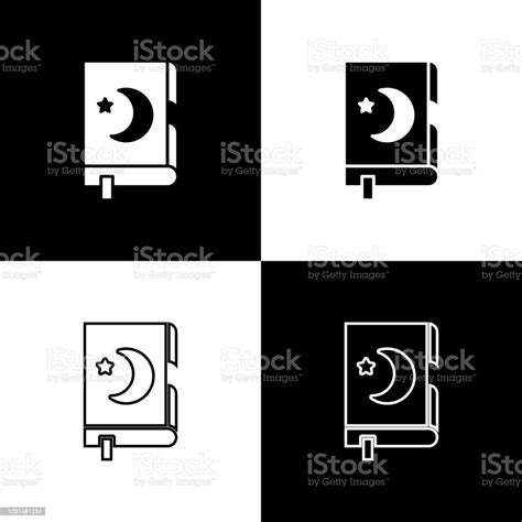 흑백 배경에 고립 된 코란 아이콘의 거룩한 책을 설정합니다 이슬람 휴일 이드 무바라크 이드 알피터 라마단 카림 벡터 일러스트레이션 0명에 대한 스톡 벡터 아트 및 기타