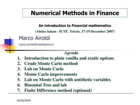 Ppt Agenda Introduction To Plain Vanilla And Exotic Options Crude Monte Carlo Method