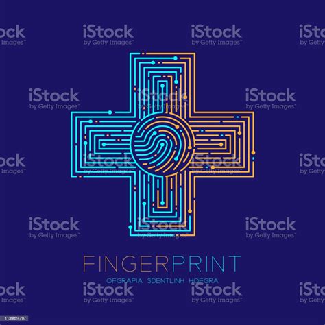 크로스 사인 모양 지문 패턴 로고 대시 라인 안전 기술 개념 디자인 편집 가능한 스트로크 그림 파란색과 주황색 지문 텍스트와 어두운 파란색 배경에 고립 벡터 Eps 개성