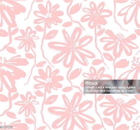Seamless Repeat Pattern With Flowers And Leaves In Brush Style And On White Background Vector