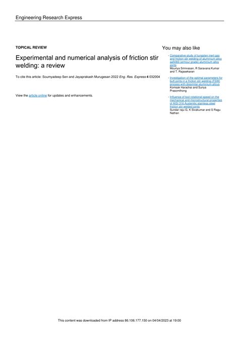 Pdf Experimental And Numerical Analysis Of Friction Stir Welding A Review