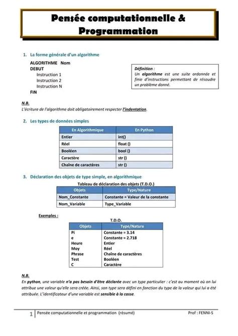 3 ème Sc Informatique Algorithme Et Programmation 🤍matière Algorithme Python 🤍résumé Du Python