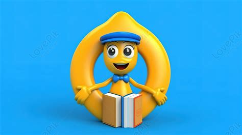 구명부표를 들고 있는 블루 북 캐릭터 마스코트 생생한 노란색 배경의 3d 렌더링 책을 들고 배경 노란 배경 지식 배경