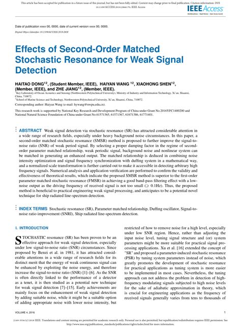 Pdf Effects Of Second Order Matched Stochastic Resonance For Weak