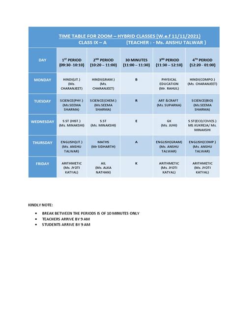 Hybrid Class Timetable Std Ix 2021 22 Pdf