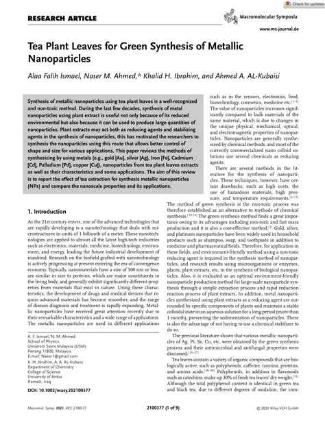 Pdf Tea Plant Leaves For Green Synthesis Of Metallic Nanoparticles