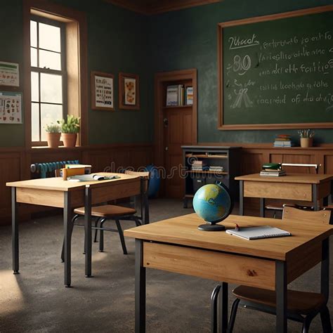 An Image Of An Empty Classroom With Rows Of Desks And Chairs A Chalkboard Filled With Writing