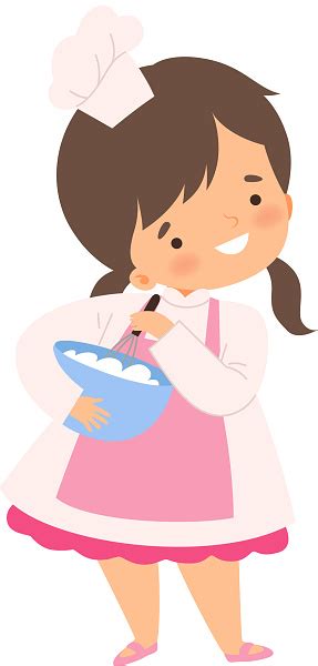 귀여운 소녀 들고 그릇과 거품기 부엌 만화 스타일 벡터 일러스트에서 균일 한 요리에 귀여운 작은 요리사 캐릭터 가정 주방에 대한 스톡 벡터 아트 및 기타 이미지 Istock