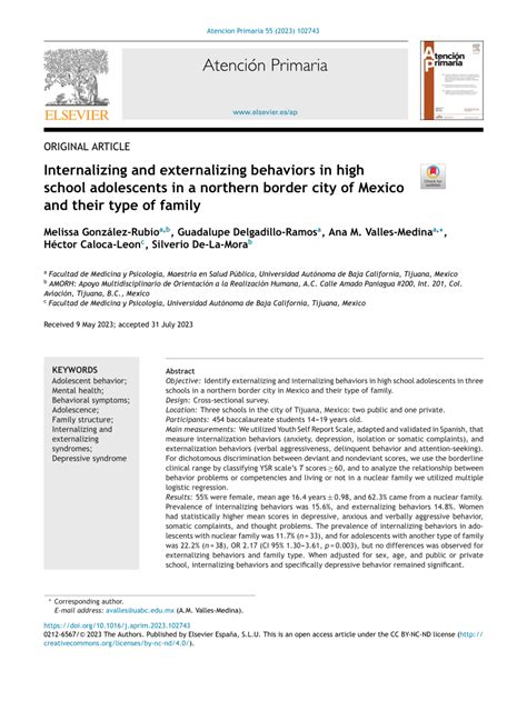 Pdf Internalizing And Externalizing Behaviors In High School Adolescents In A Northern Border