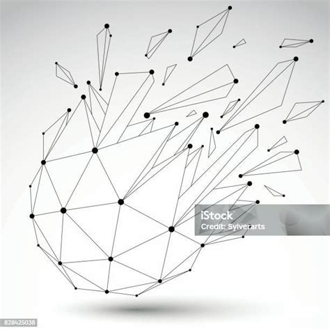 관점 기술 대비 모양 검은 선과 점으로 연결 다각형 와이어 프레임 개체 철거 폭발 효과 여러 조각으로 금이 추상 측면 요소입니다