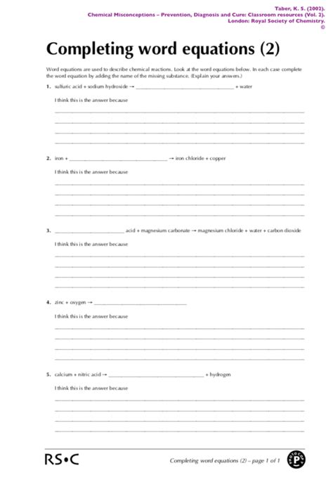 Completing Word Equations Science Education Research