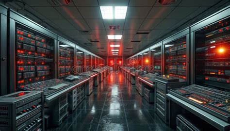 A High Tech Server Room Filled With Rows Of Machines And Illuminated By
