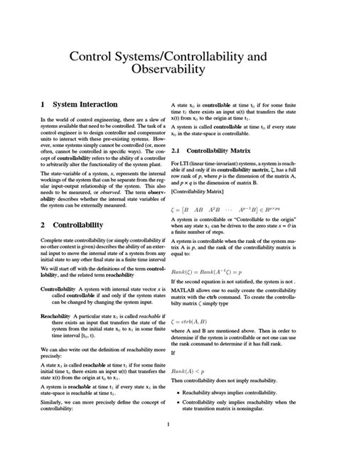 Control Systems Controllability And Observability Pdf Matrix