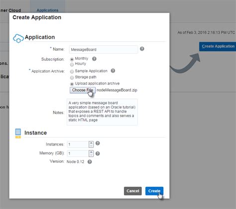 deploying a node js application to the oracle application container