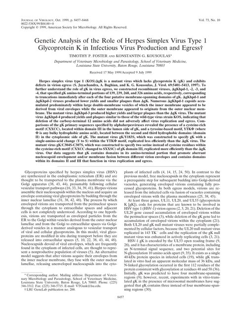 Pdf Genetic Analysis Of The Role Of Herpes Simplex Virus Type 1 Glycoprotein K In Infectious