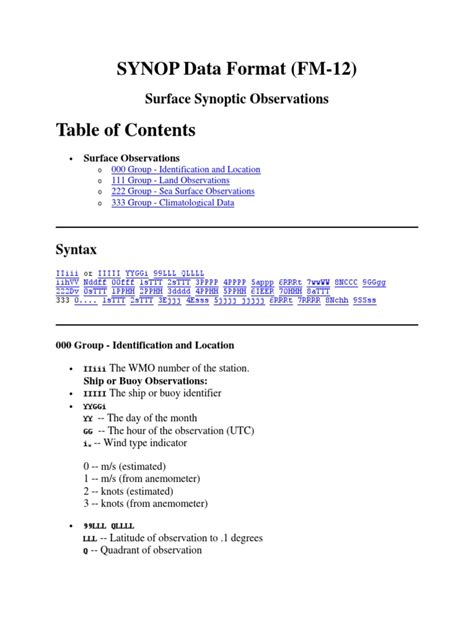 Wmo Synop Codes Cloud Earth Phenomena