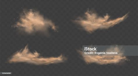 먼지 모래 구름돌로 설정하고 투명 한 배경에 고립 된 먼지 입자를 비행 사막 모래 폭풍 사실적인 벡터 일러스트레이션 3차원