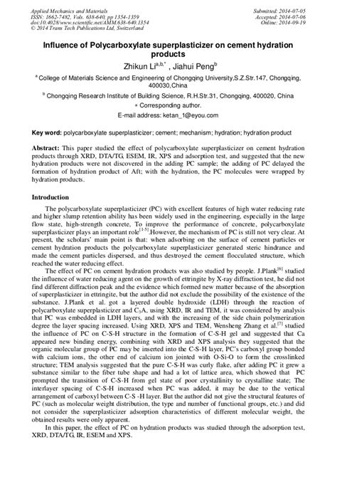 Influence Of Polycarboxylate Superplasticizer On Cement Hydration Products Scientific Net