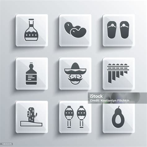 마라카스 아보카도 팬 플루트 멕시코 남자 솜브레로 선인장 데킬라 병 및 플립 플롭 아이콘을 설정하십시오 벡터 0명에 대한 스톡 벡터 아트 및 기타 이미지 Istock