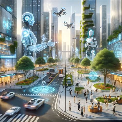 Futuristic Smart City With Holographic Robots And Autonomous Vehicles