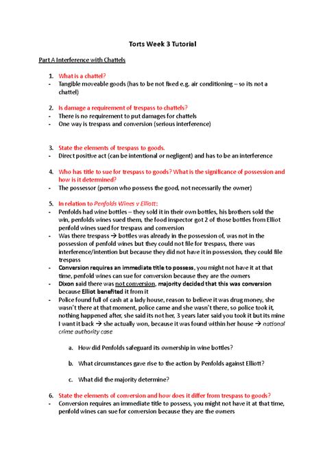Week 3 Tutorial Torts Week 3 Tutorial Part A Interference With