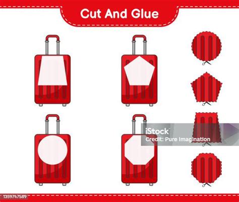 잘라 붙이고 접착제를 만들고 여행 가방의 일부를 자르고 접착제로 붙입니다 교육 어린이 게임 인쇄 워크 시트 벡터 일러스트레이션 0명에 대한 스톡 벡터 아트 및 기타 이미지
