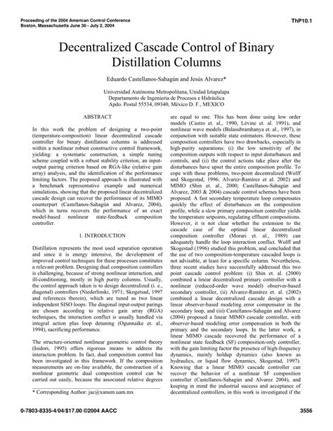 Pdf Decentralized Cascade Control Of Binary Distillation Columns